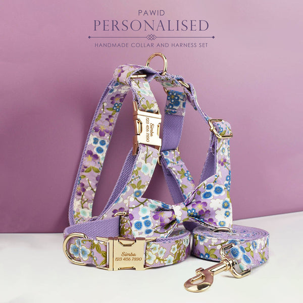 Custom Dog Harness in Purple Japanese Floral, Personalized Dog Collar ...